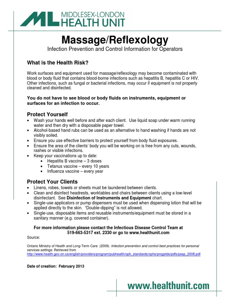 Massage/Reflexology: Infection Prevention and Control Information For ...
