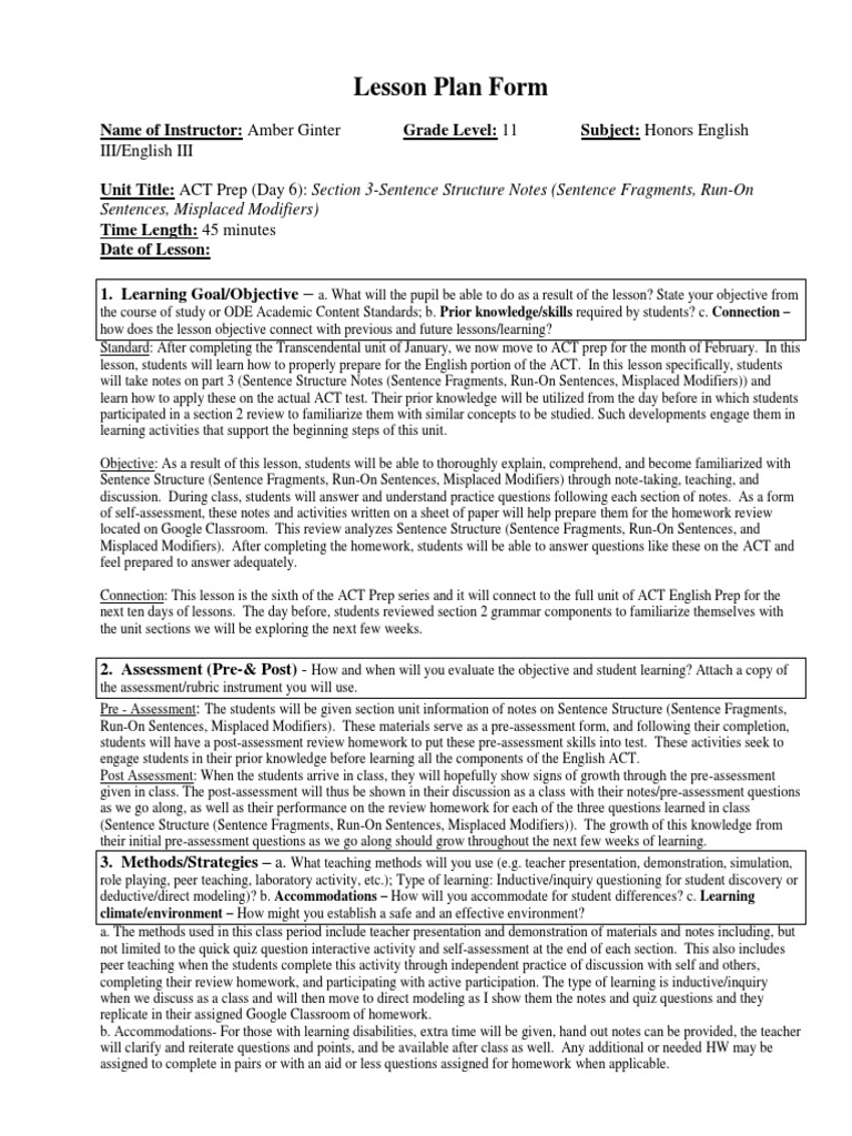 Lesson Plan Form: III/English III | PDF | Reading Comprehension | Act ...