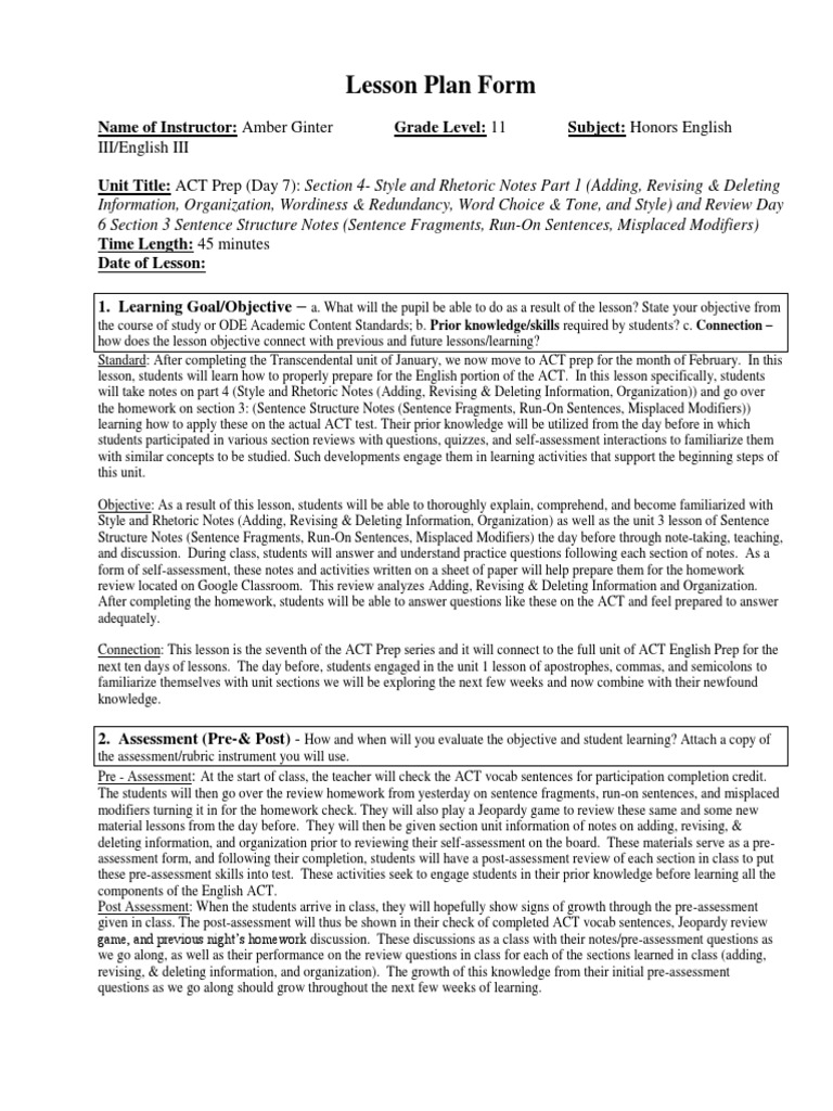 Lesson Plan Form: III/English III | PDF | Question | Act (Test)