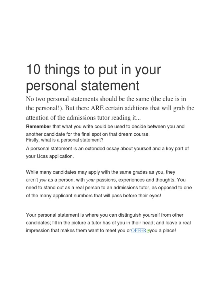 10 Things To Put in Your Personal Statement | Download Free PDF ...