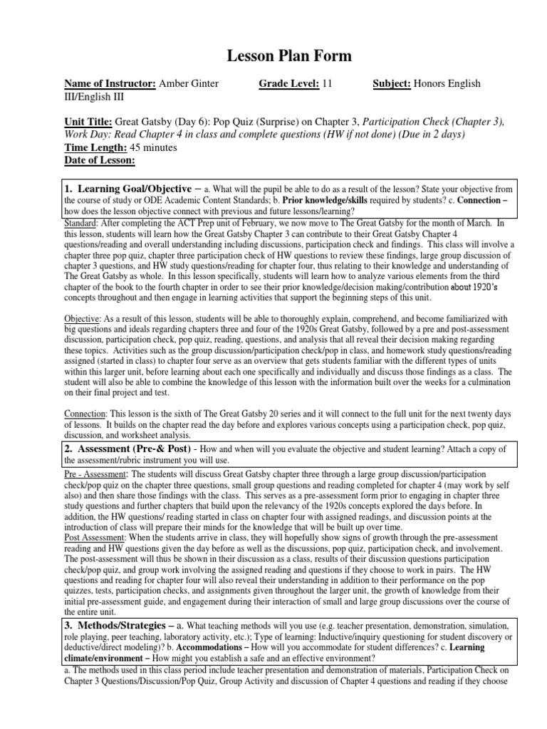 Great Gatsby Lesson 6 | PDF | Reading Comprehension | Teachers