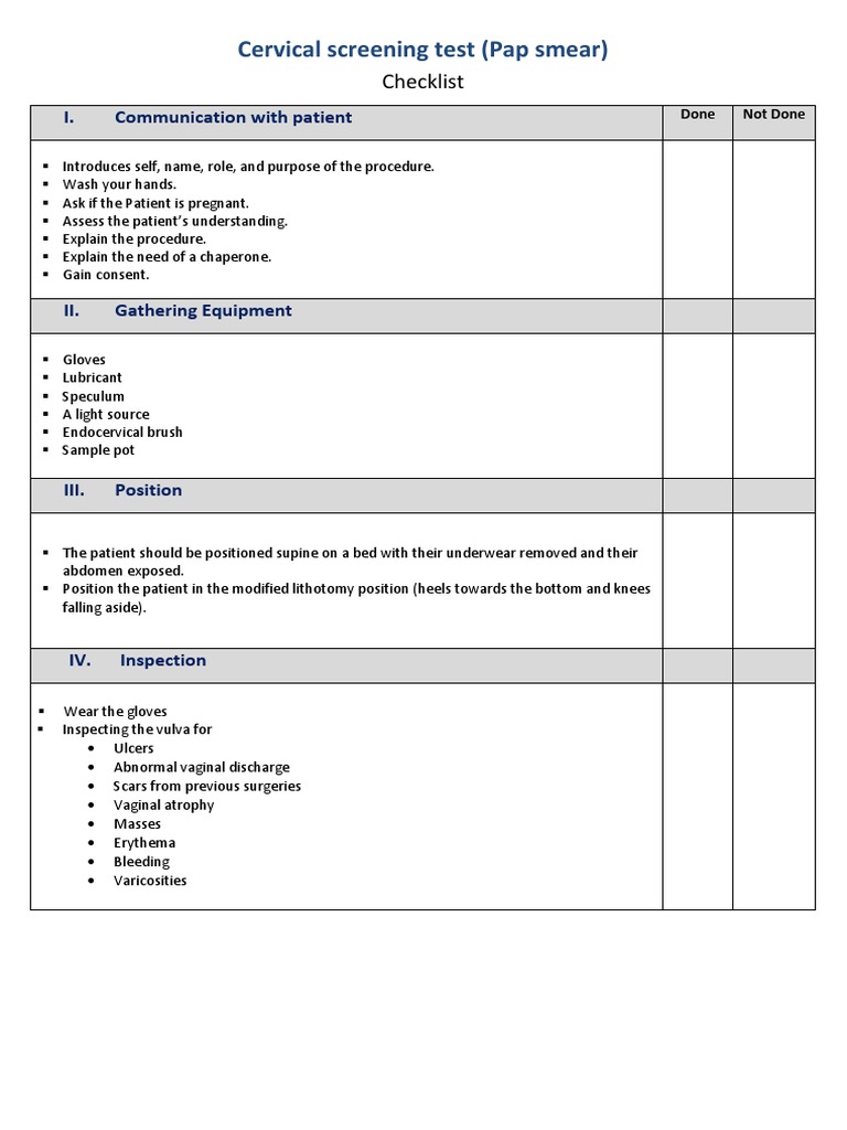 Pap Smear Checklist | PDF | Vagina | Sexual Anatomy