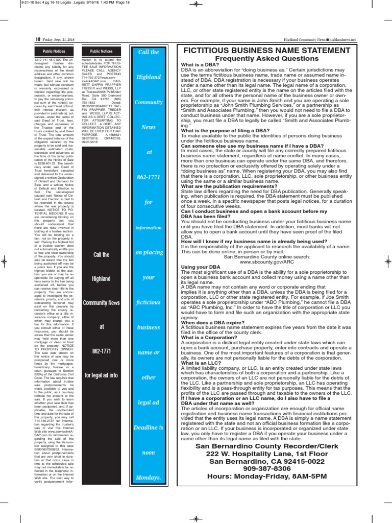 Fictitious Business Name Statement: Frequently Asked Questions | PDF ...