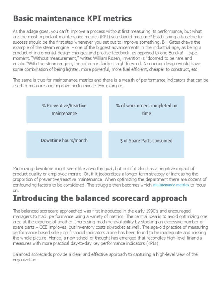 Basic Maintenance KPI Metrics | PDF | Reliability Engineering | Performance Indicator