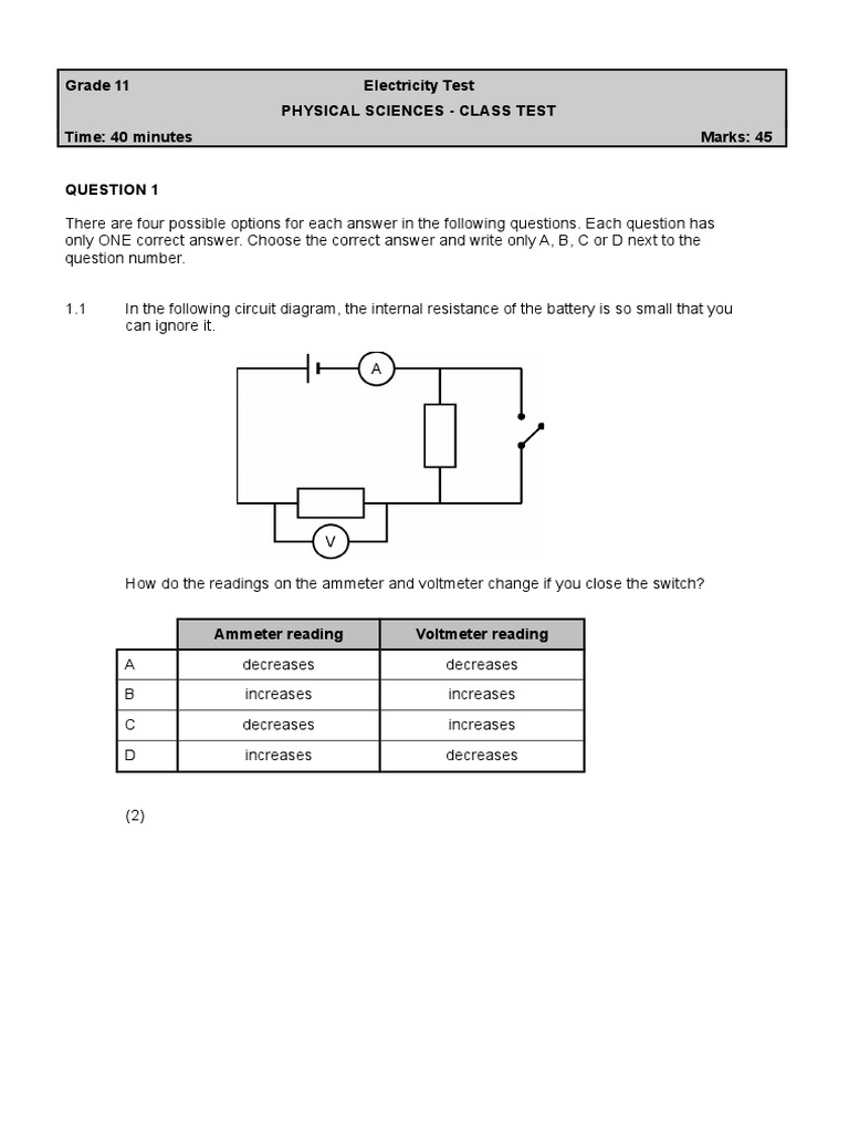 Grade 11 Electricity Test | PDF | Series And Parallel Circuits ...