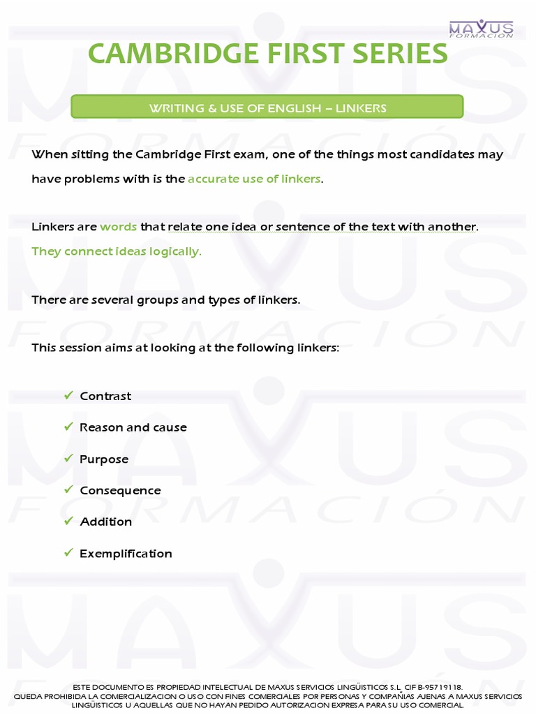 Cambridge First Series: Writing & Use of English - Linkers | Download ...