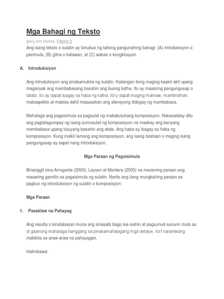 Mga Bahagi NG Teksto Lecture | PDF