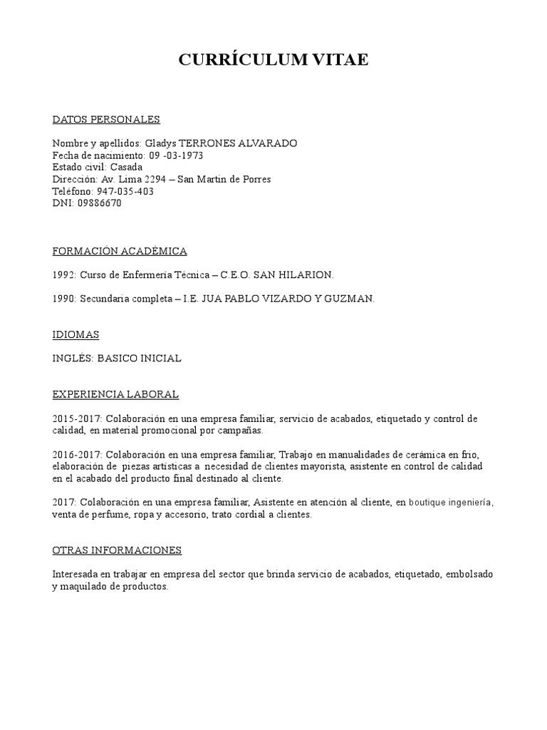 Curriculum Vitae Ejemplo GLADYS | PDF