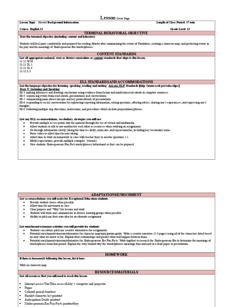 Demo Lesson Plan 2018 | PDF | Homework | Hamlet