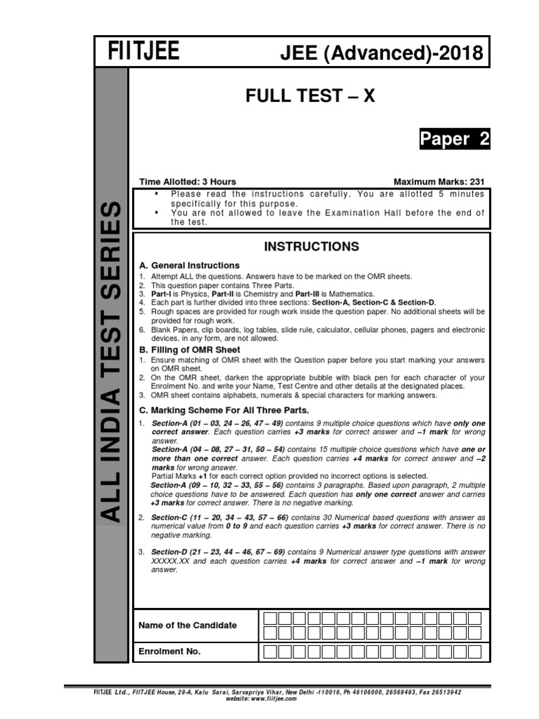 Aits 2017 18 Full Test 10 Paper 2 Jee Adv Pdf Lens Optics Electron