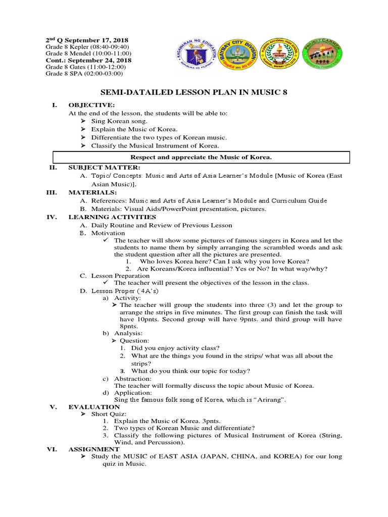 Lesson Plan in Music 8 Korea | PDF | Lesson Plan | Teachers