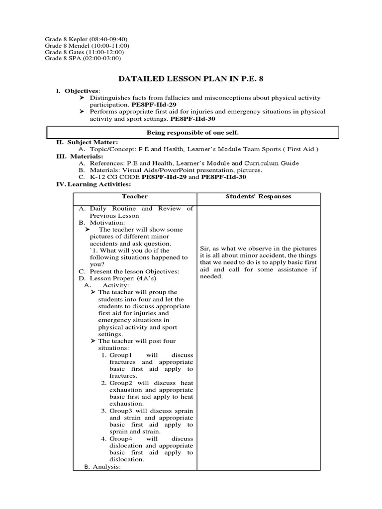 First Aid Lesson Plan for Grade 8 | PDF | Physical Education | First Aid