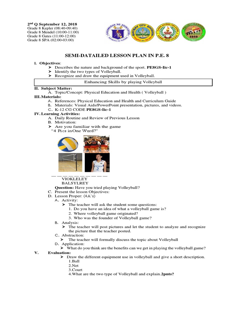 Grade 8 Volleyball Lesson Plan | PDF | Physical Education | Lesson Plan
