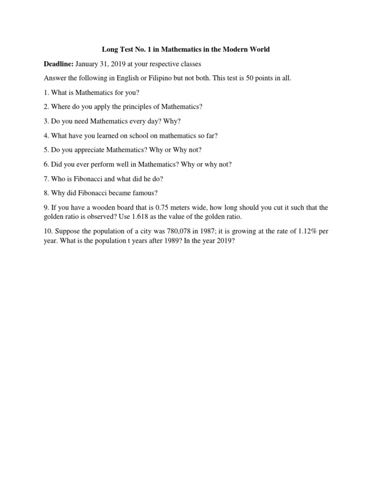 MMW Long Test 1 | PDF
