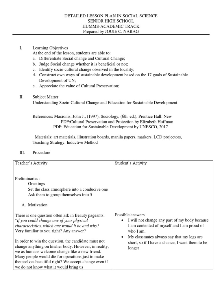 Detailed Lesson Plan in Social Science | PDF | Sustainable Development ...