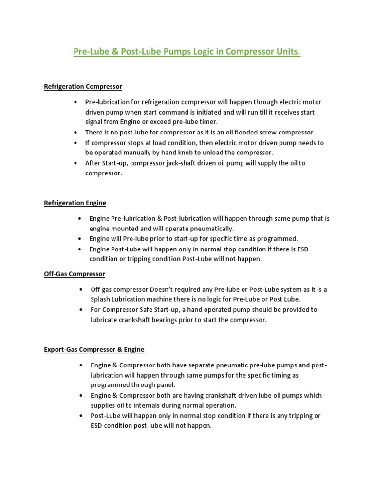 The Logic and Operation of Pre-Lube and Post-Lube Pumps for Various ...