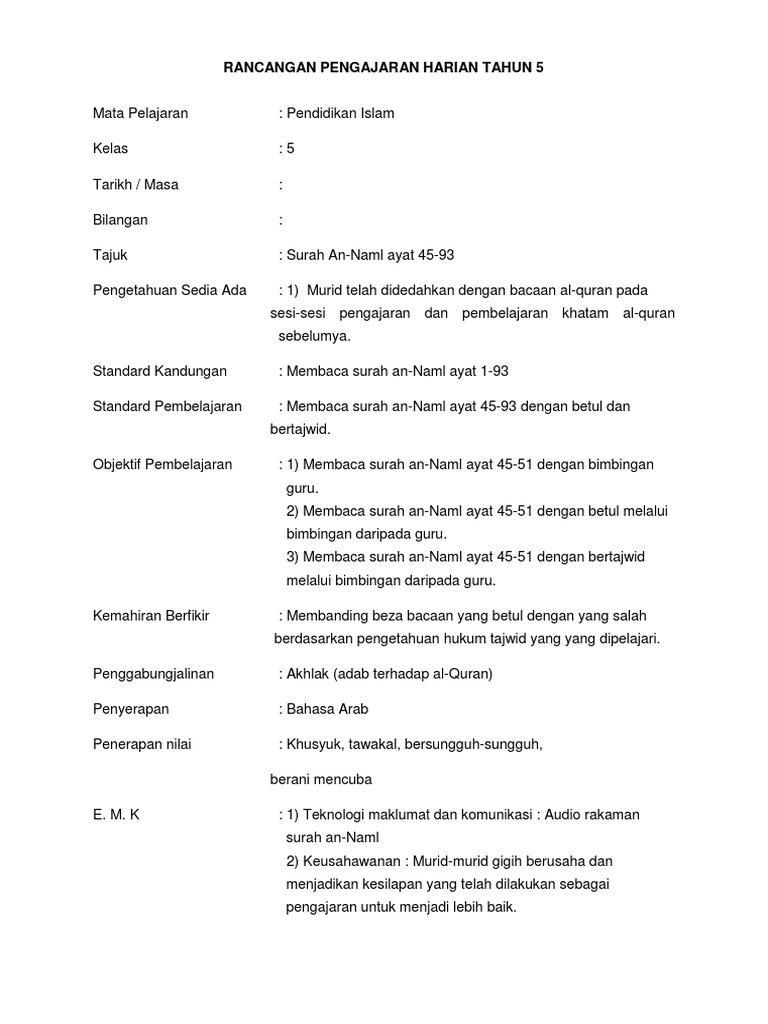 Contoh RPH Pendidikan Islam | PDF