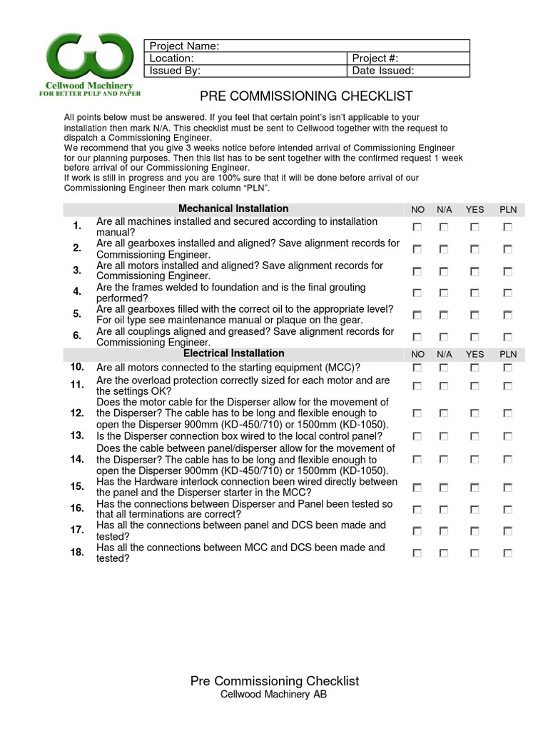Precommissioning Checklist | PDF | Transmission (Mechanics) | Valve