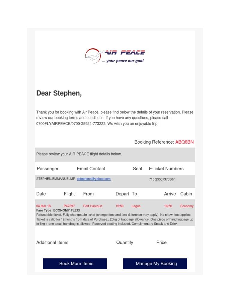 Flight Booking Confirmation and Details for Stephen Emmanuel's Upcoming ...