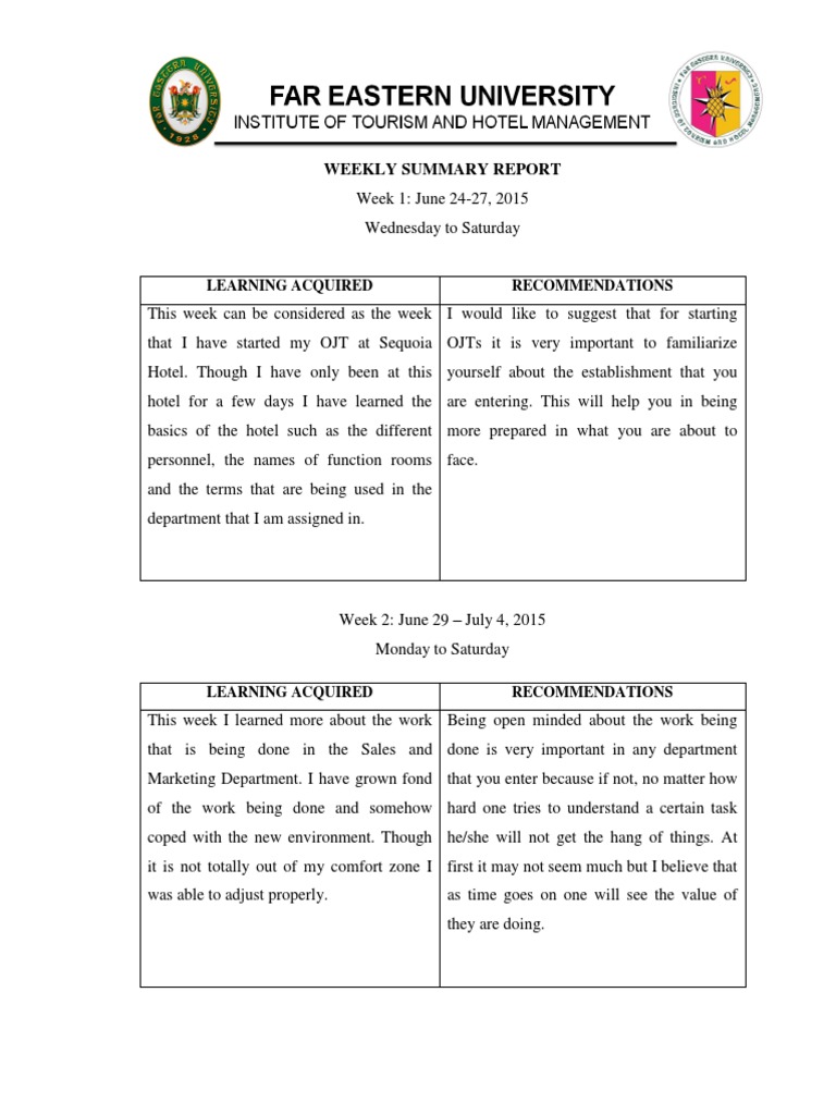 Weekly Summary Report: Learning Acquired Recommendations | PDF ...