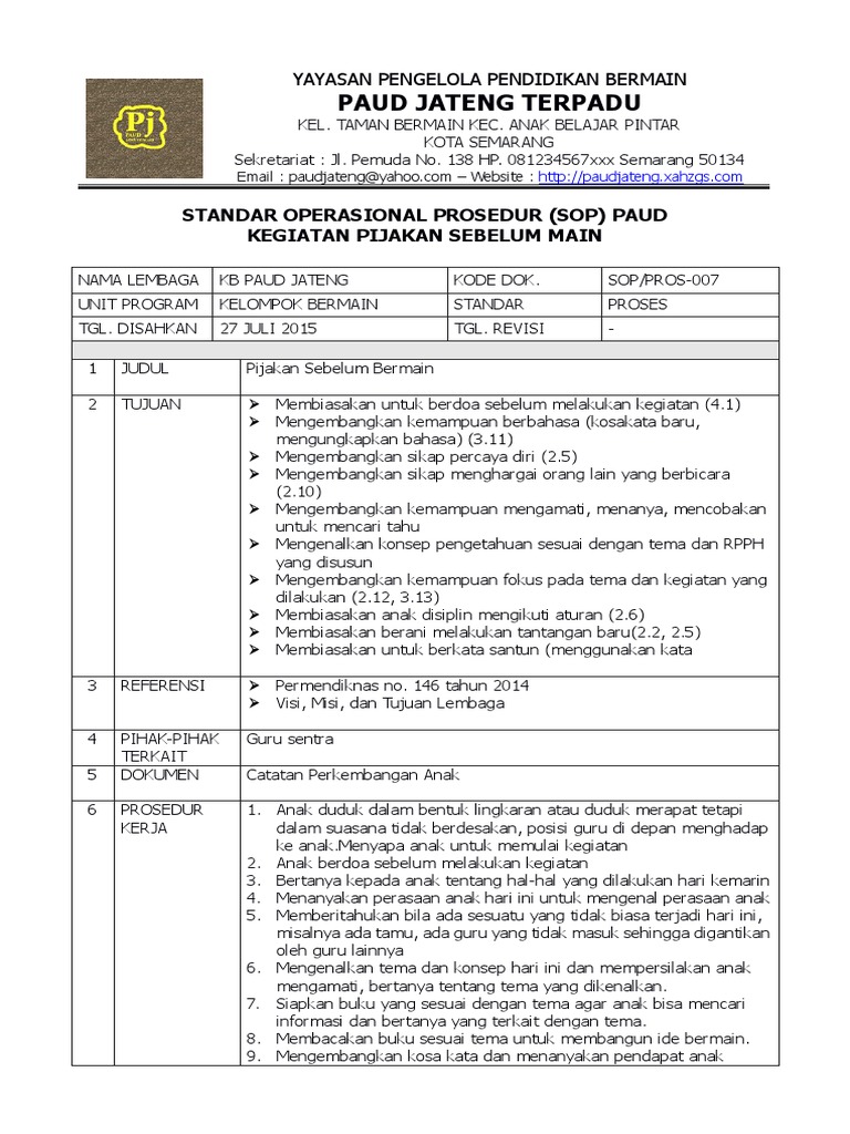 7 Sop Paud Kegiatan Pijakan Sebelum Main PDF | PDF