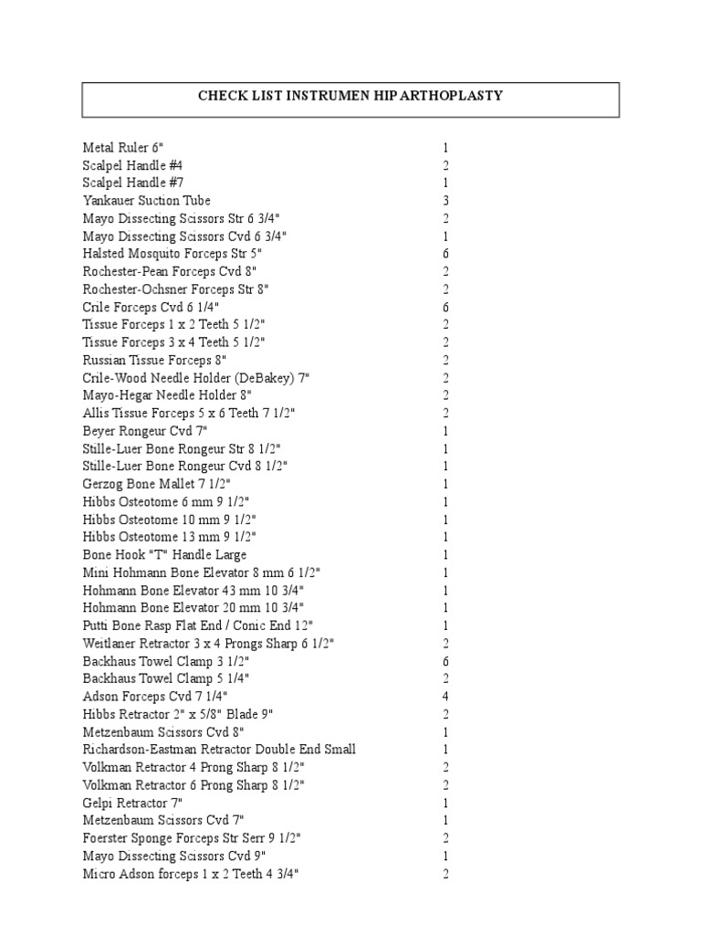 Checklist Instrumen Hip Arthoplasty | PDF | Home & Garden