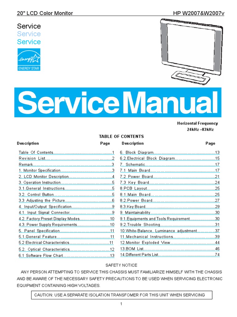 HP W2007 & W2007v Monitor Specs | PDF | Thin Film Transistor Liquid ...