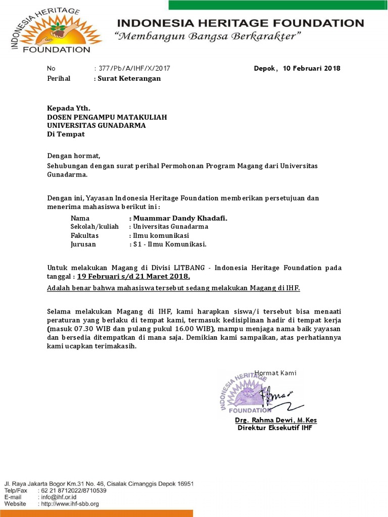 Surat Keterangan Magang Gunadarma | PDF | Seni