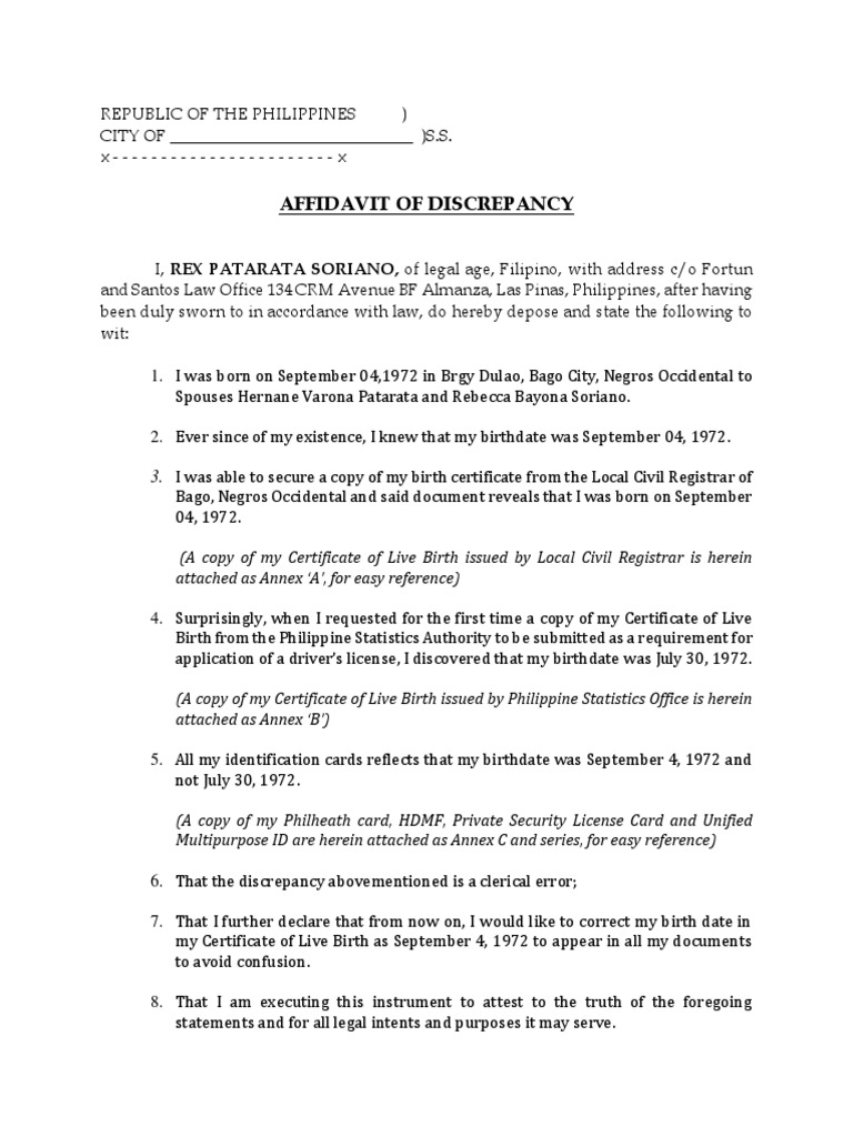 Affidavit of Discrepancy | PDF | Identity Document | Official Documents
