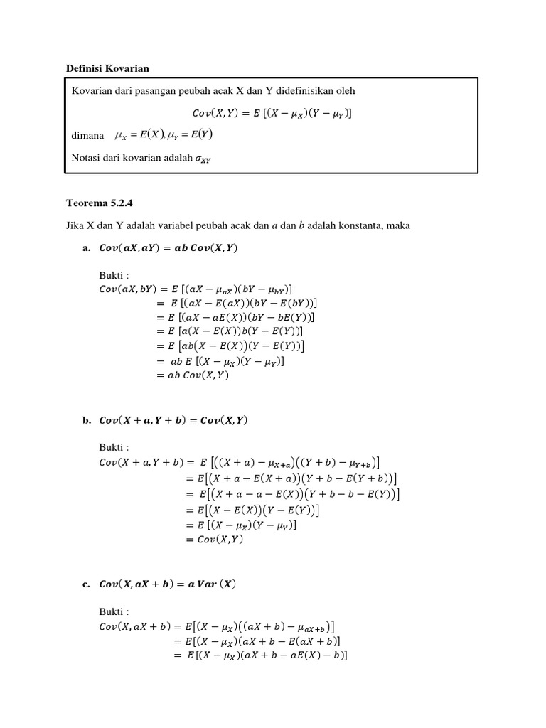 Definisi dan Teorema Kovarian | PDF