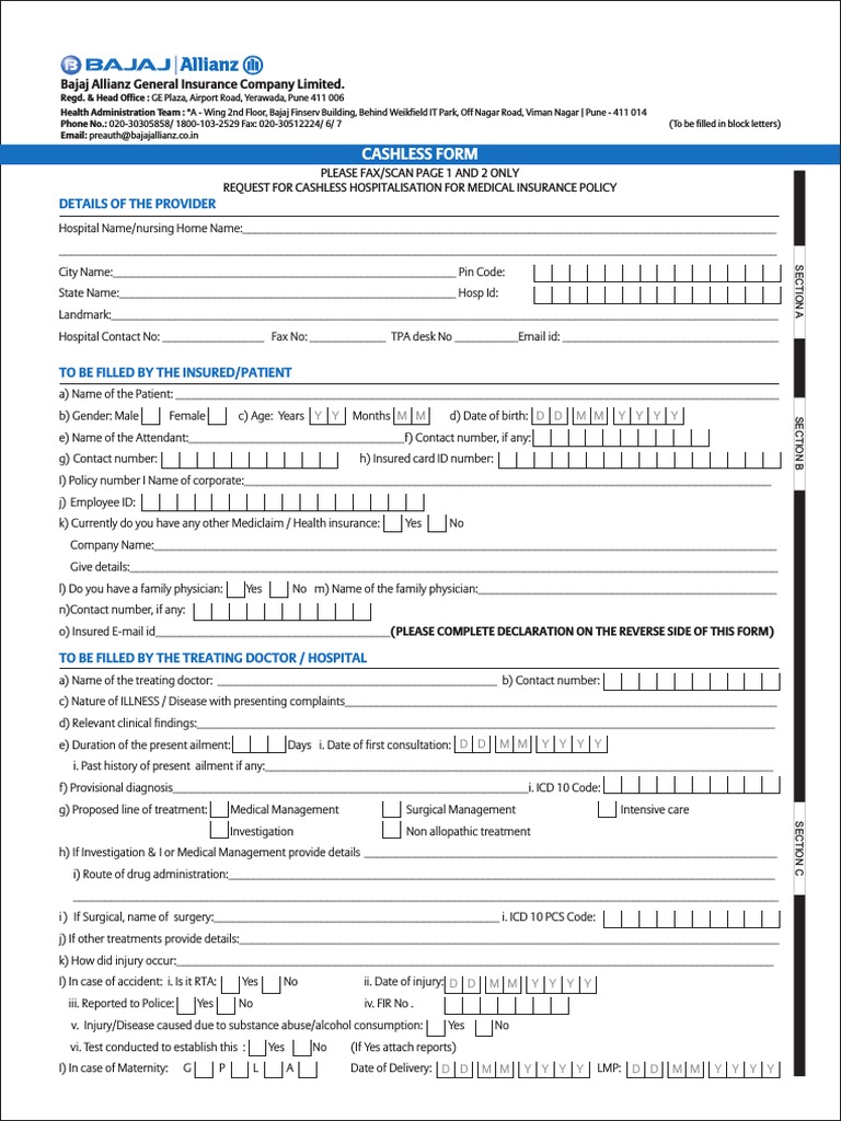 Bajaj Allianz Cashless Request Form | PDF | Hospital | Patient