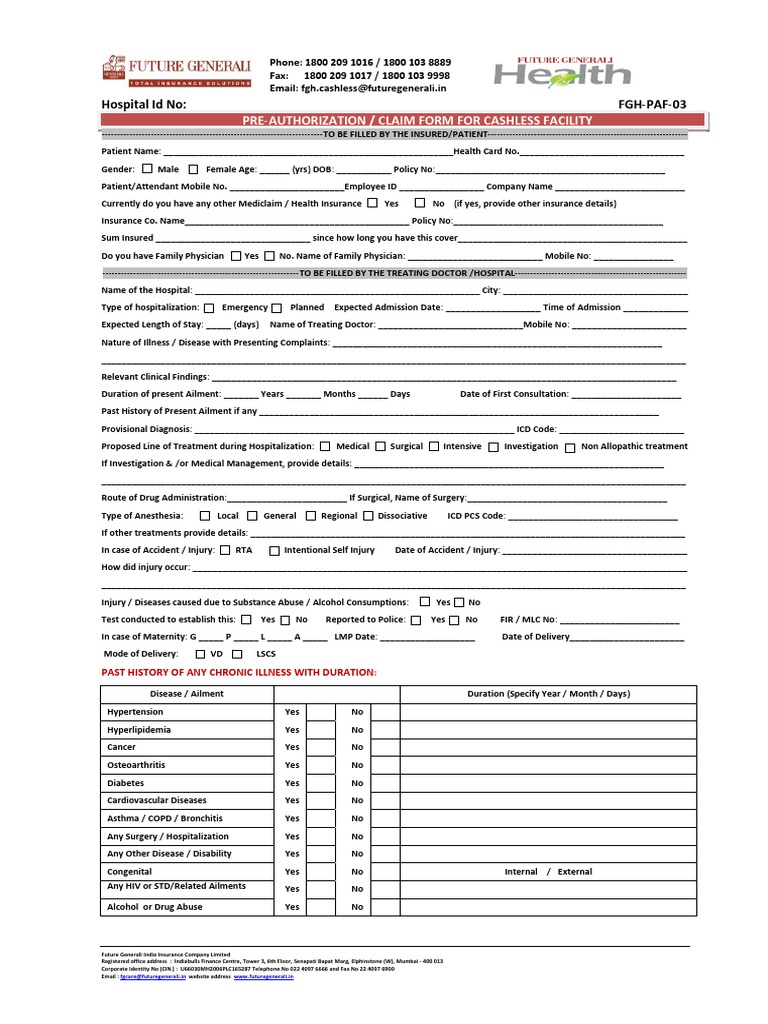 Future Generali Pre Authorization Form | PDF | Insurance | Hospital
