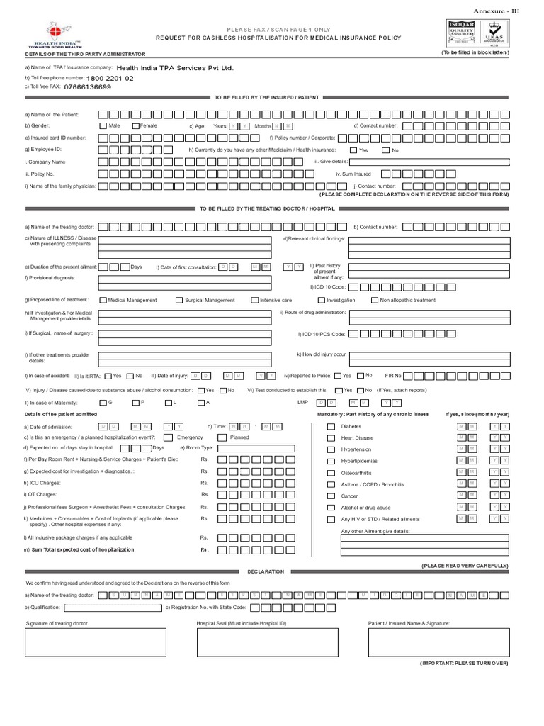 Health India Preauth Form Guidelines | PDF | Pathology | Patient