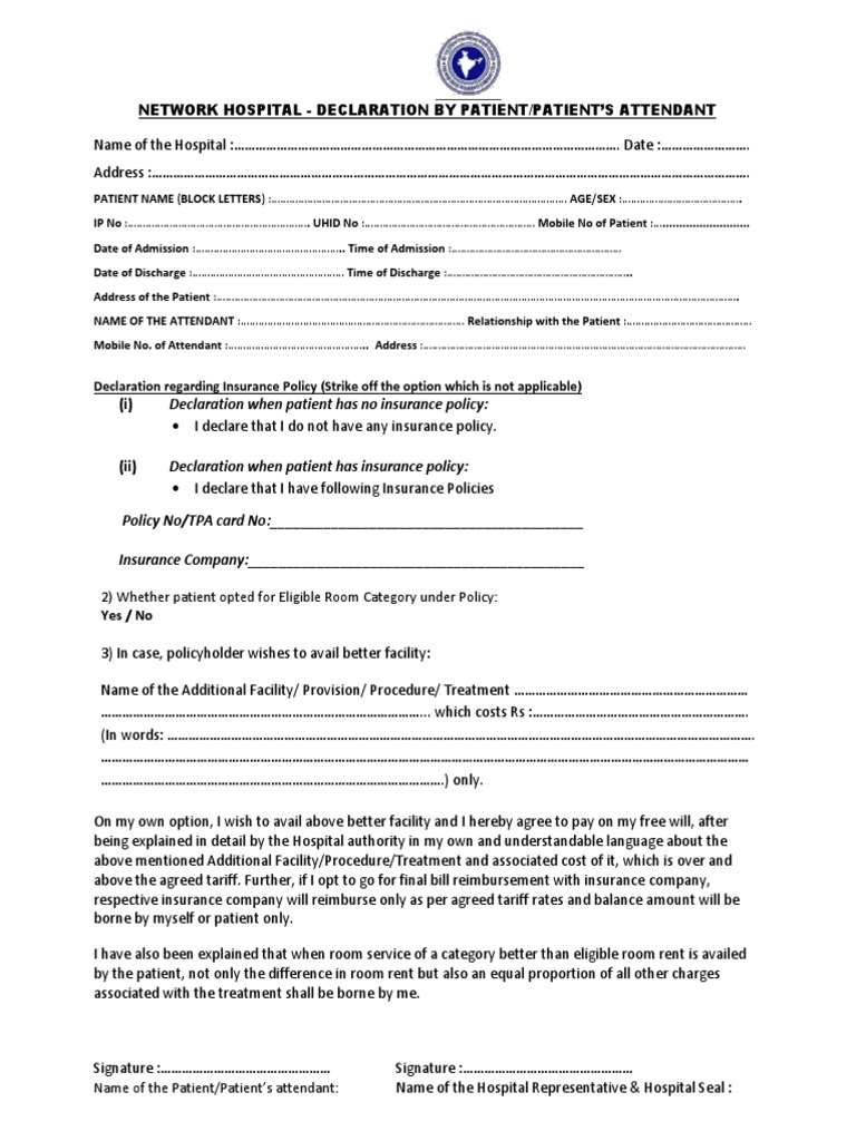 Declaration Form For Network Hospital (Other Than PPN) | PDF | Patient ...