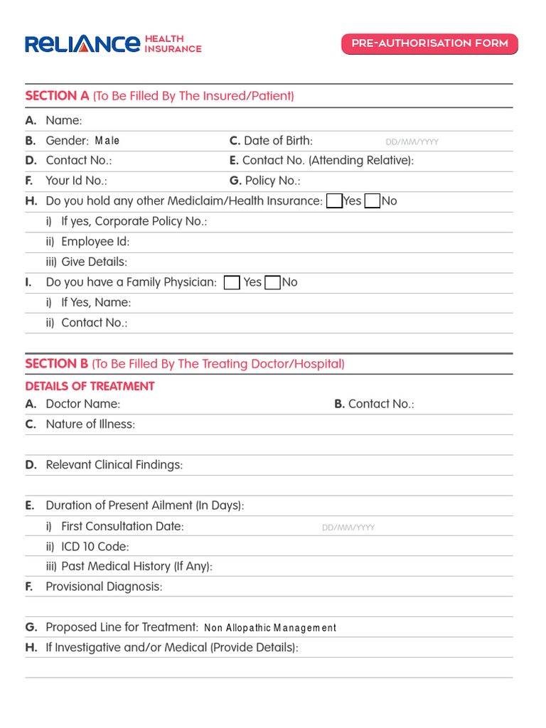 Reliance Health Insurance Pre Authorisation Form | PDF | Hospital ...