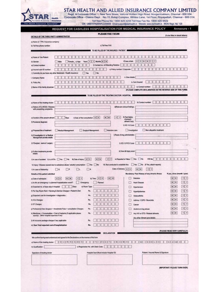 Star Health New Preauth Form | PDF