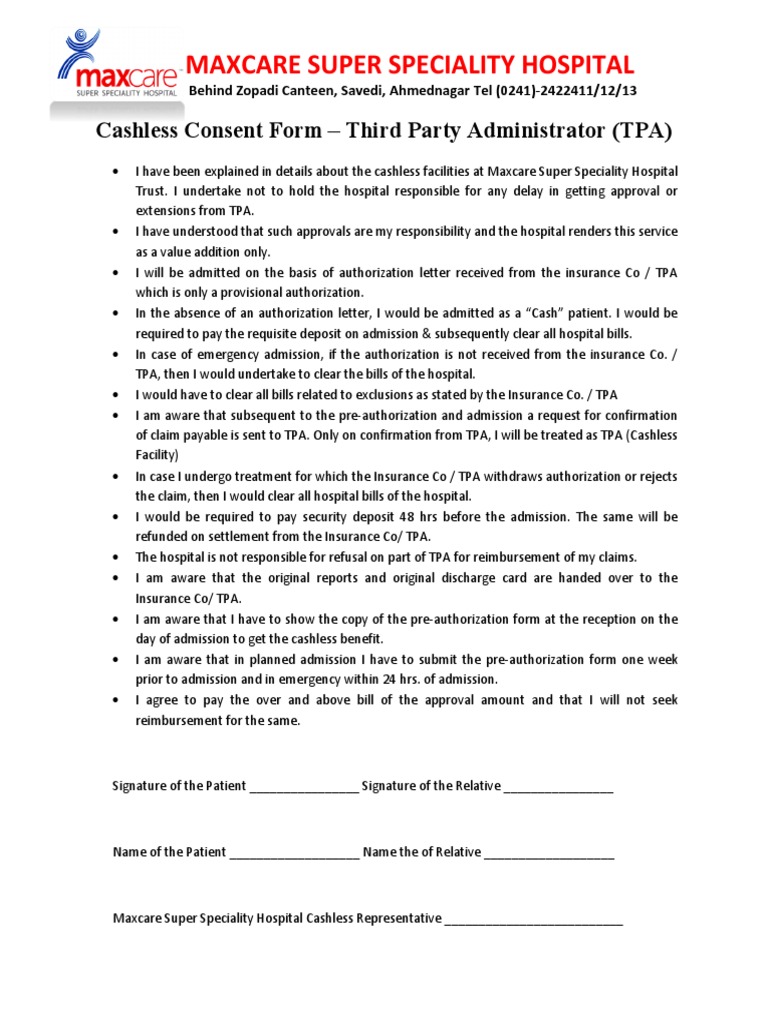 Cashless Consent Form | PDF | Patient | Insurance