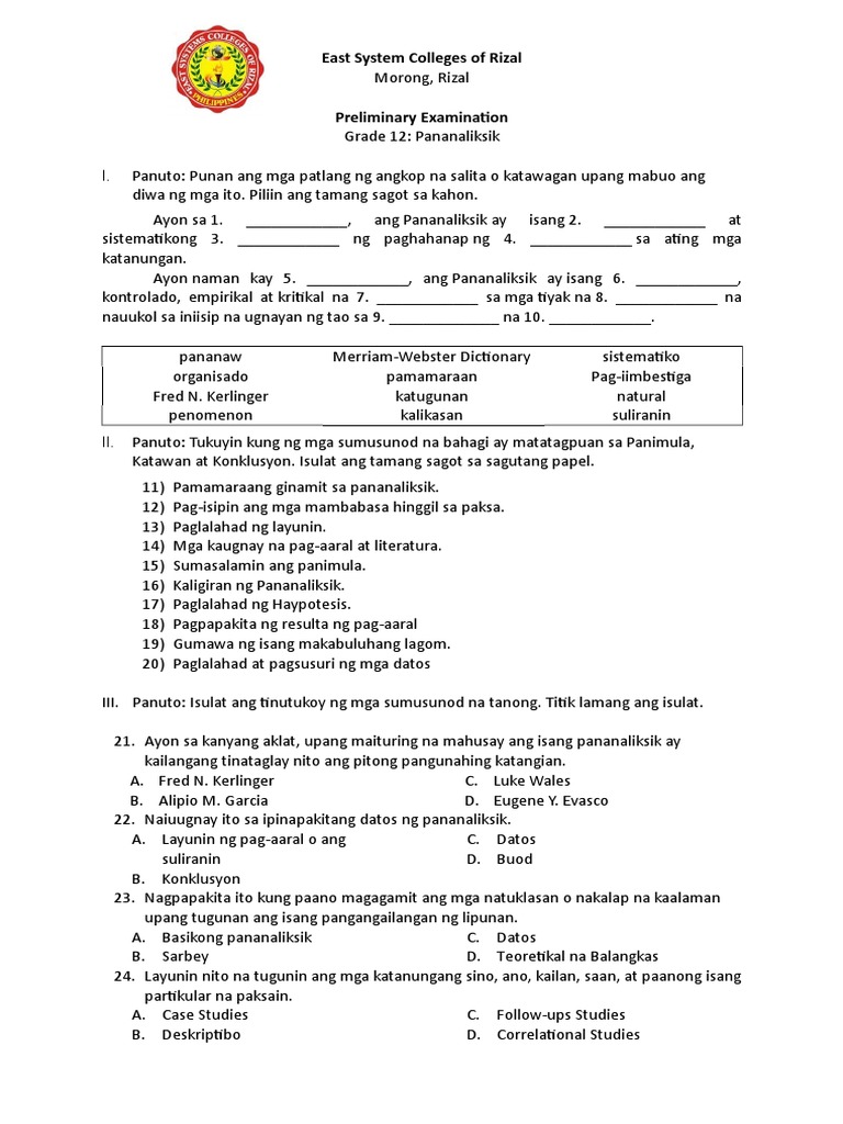 East G-12 Prelim Exam | PDF