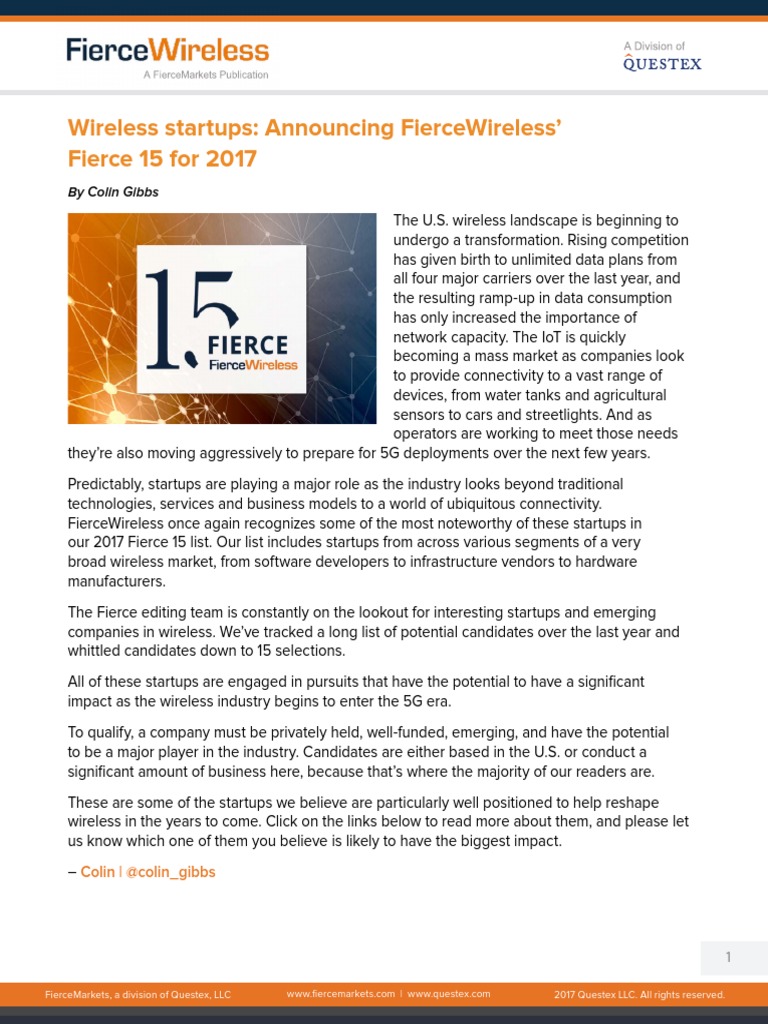 Wireless Startups: Announcing Fiercewireless' Fierce 15 For 2017 | PDF ...