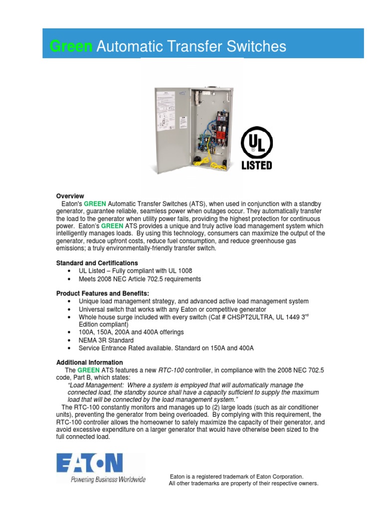 Green ATS - Spec Sheet | PDF | Electrical Engineering | Electric Power