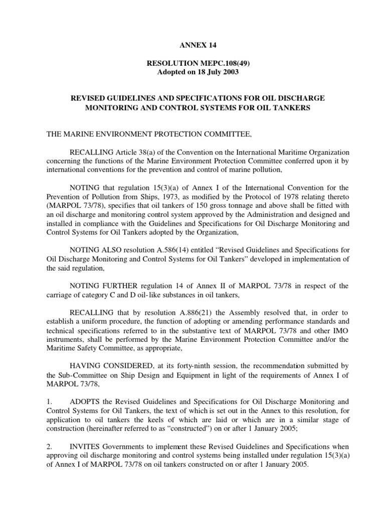 Annex 14 RESOLUTION MEPC.108 (49) Adopted On 18 July 2003 | PDF | Nature