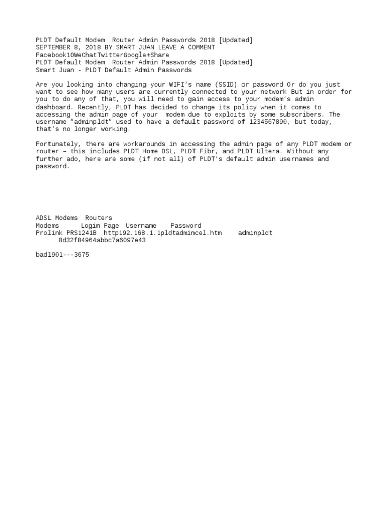 PLDT Default Modem Router Admin Passwords 2018 | PDF
