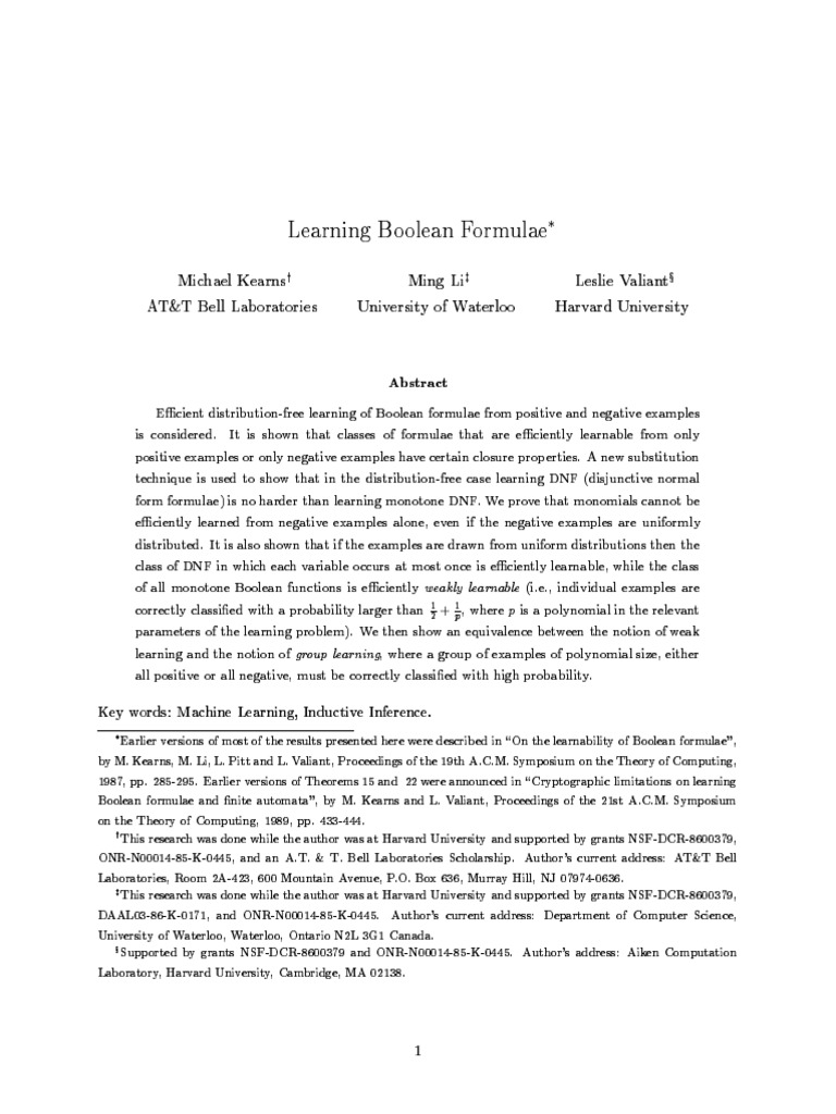 Learning Boolean Formulae From Examples Pdf Time Complexity Computational Complexity Theory