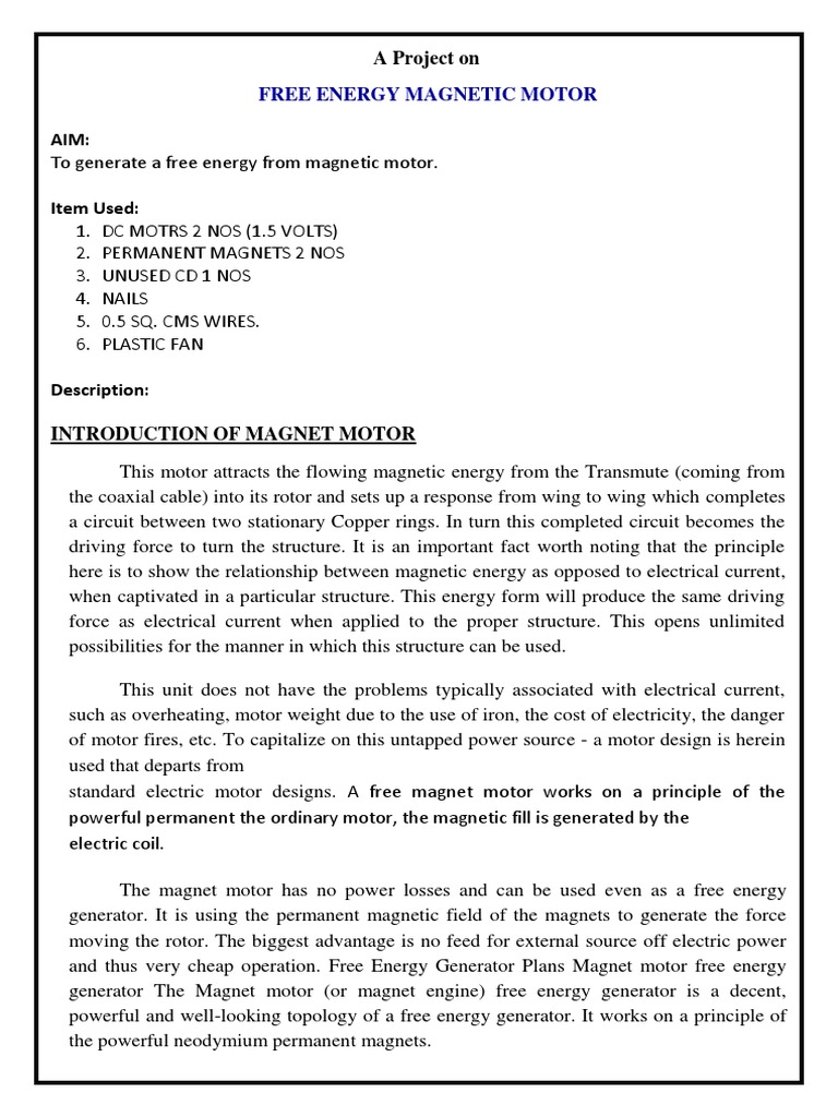 Free Energy Magnetic Motor: A Project On | PDF | Electric Motor | Engines
