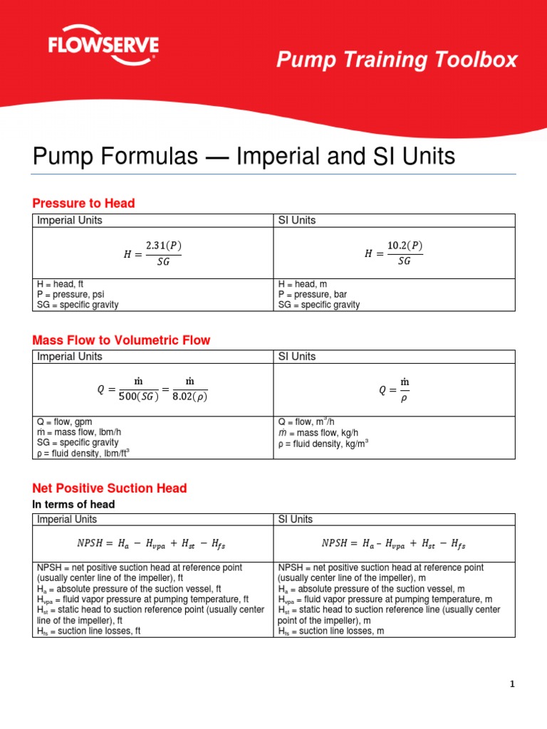 Pump Formulas - Imperial and SI Units: Pressure To Head | PDF | Pressure | Barrel (Unit)