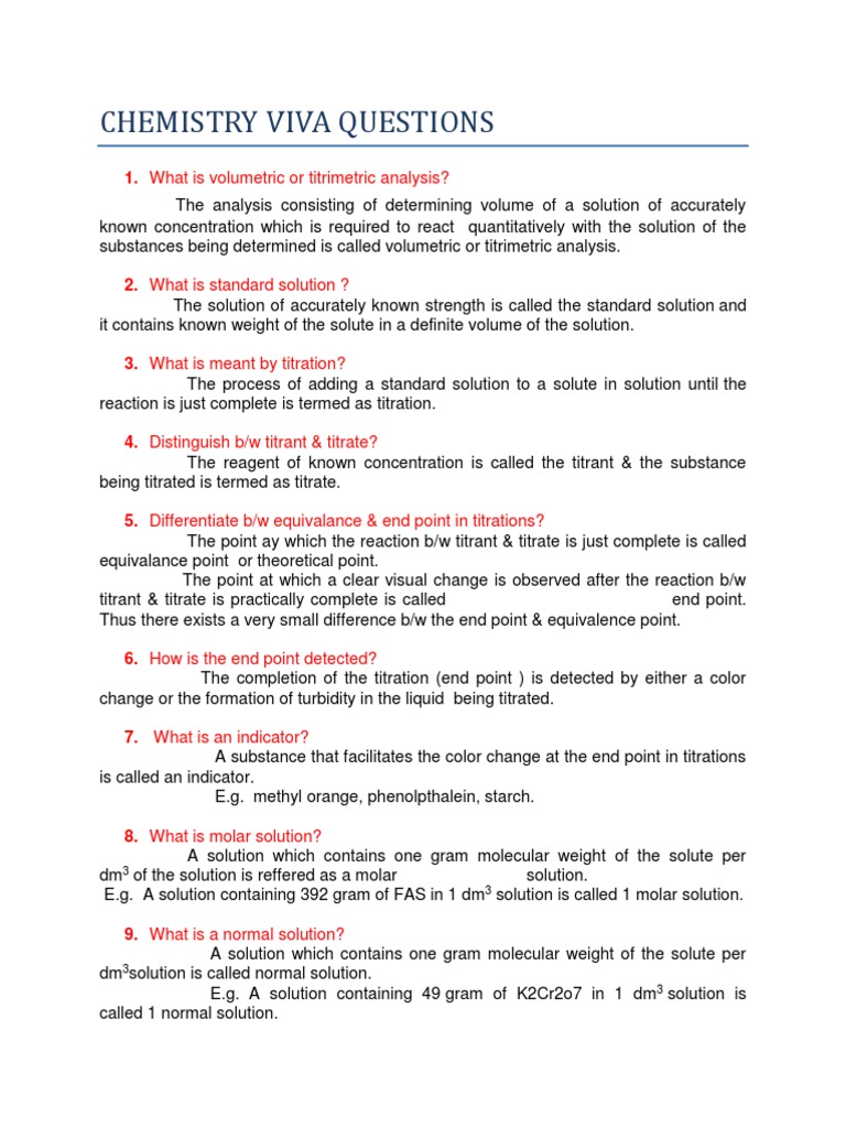 Chemistry Viva Questions | PDF | Titration | Chemistry