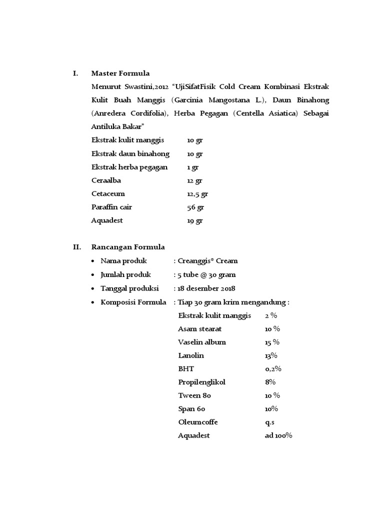 Formula Krim Manggis 1 Dan 2 | PDF