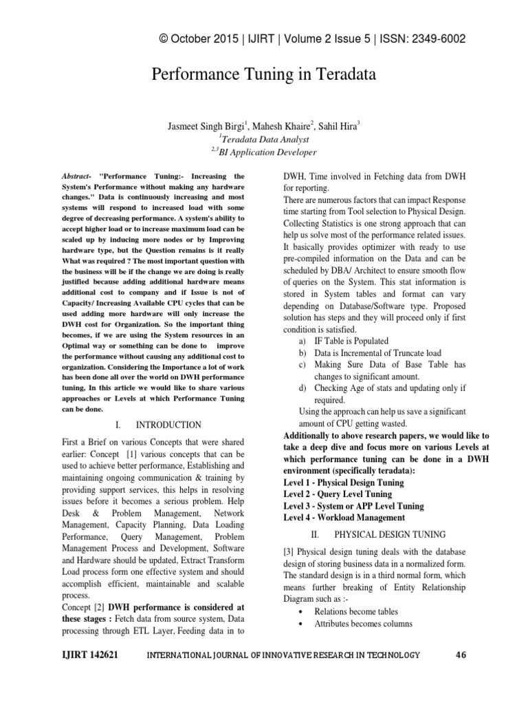 Performance Tuning in Teradata: © October 2015 - IJIRT - Volume 2 Issue 5 - ISSN: 2349-6002 ...
