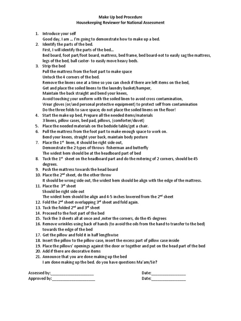 Make Up Bed Procedure Checklist | PDF | Bed | Mattress