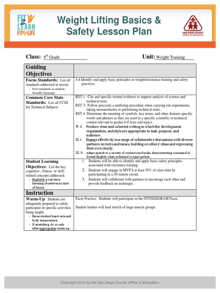 Weight Lifting Basics & Safety Lesson Plan: Class: Unit: Guiding ...